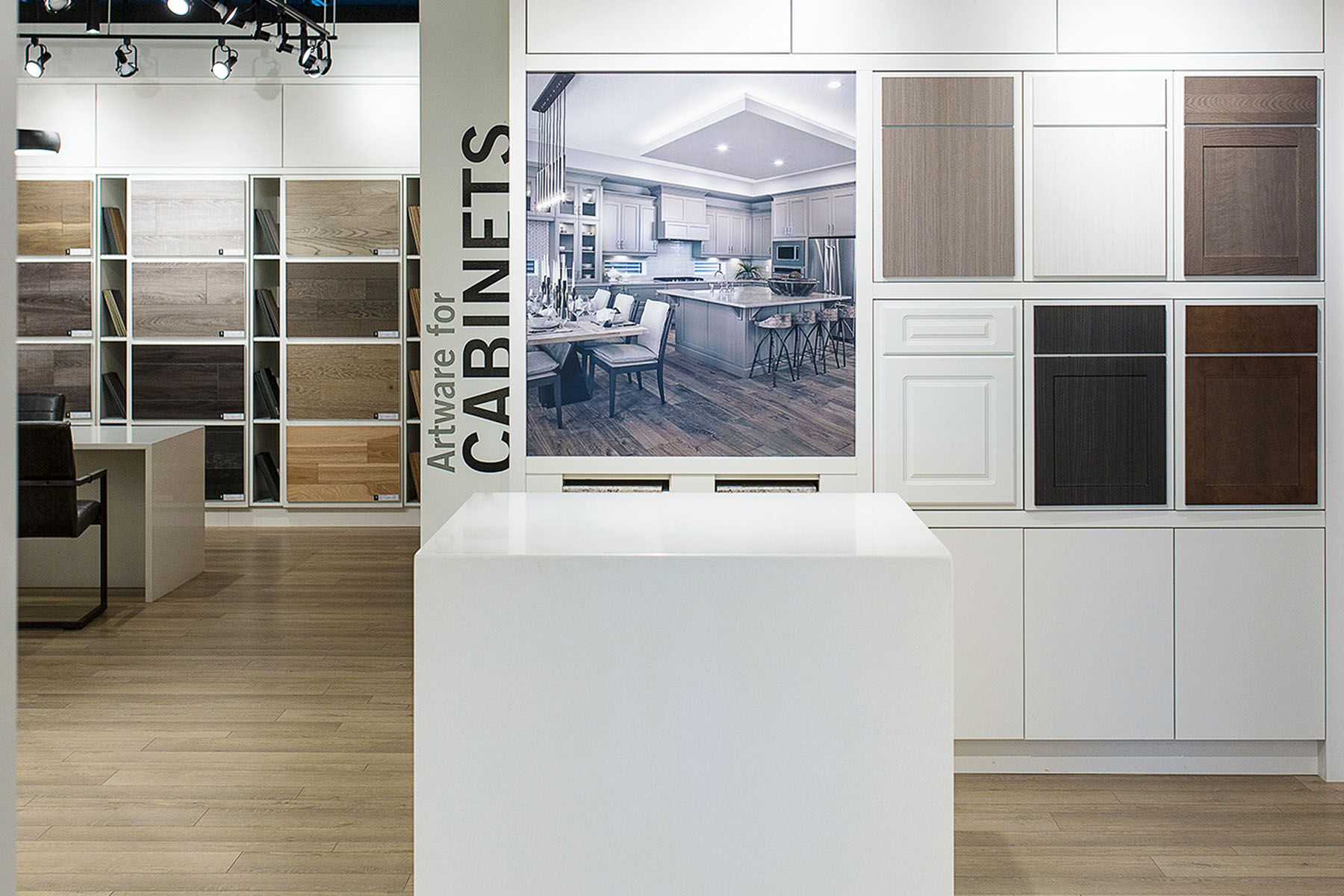 Cabinets colour choices hang on the walls in the design studio.